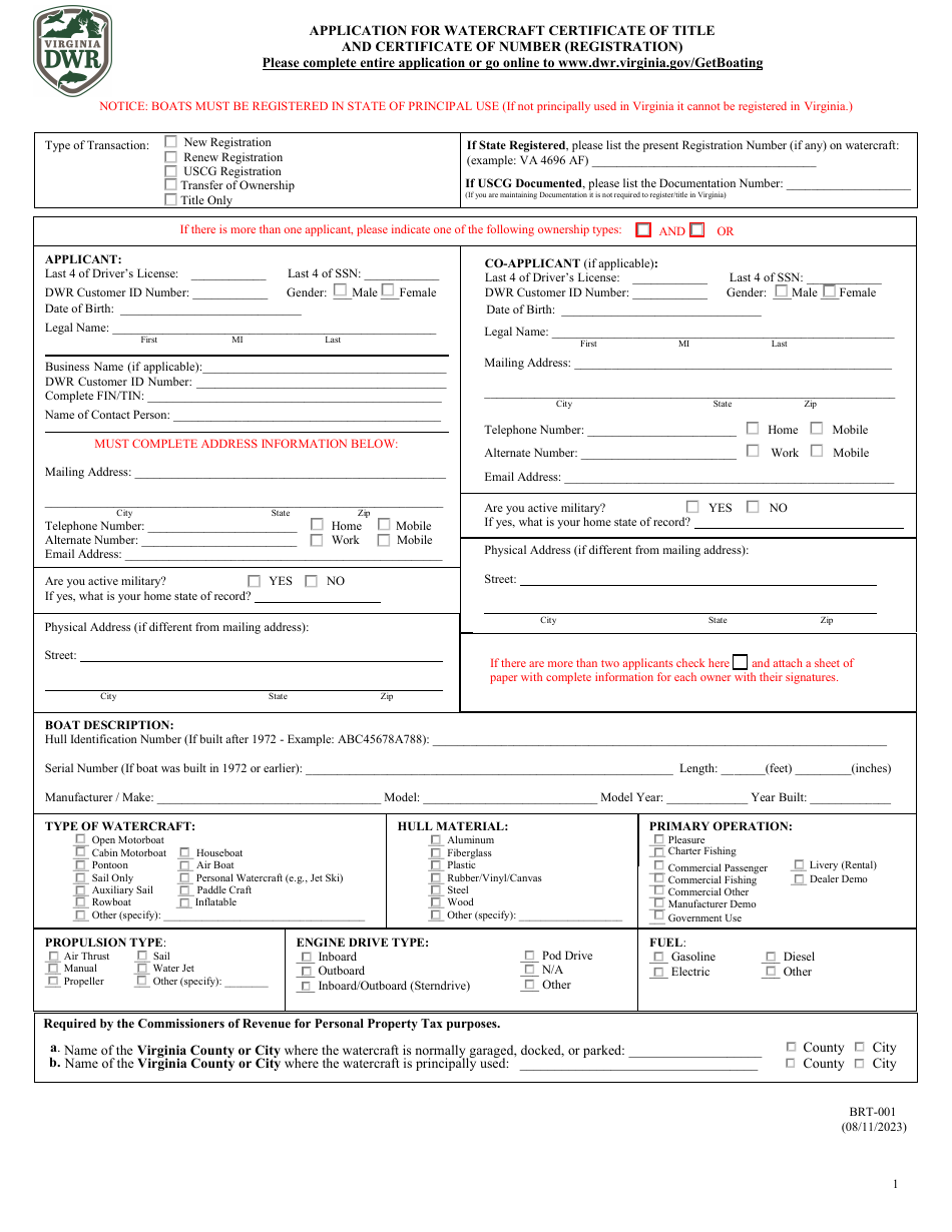 Form BRT-001 Download Fillable PDF or Fill Online Application for ...