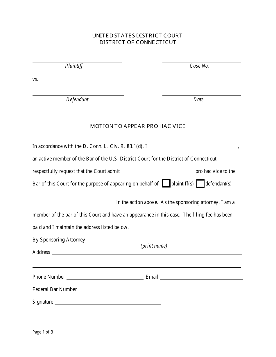 Connecticut Motion to Appear Pro Hac Vice - Fill Out, Sign Online and ...