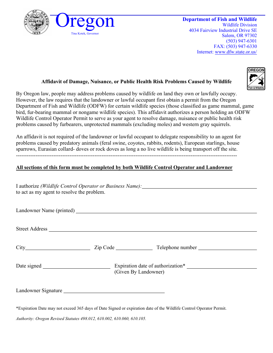 Oregon Affidavit of Damage, Nuisance, or Public Health Risk Problems ...