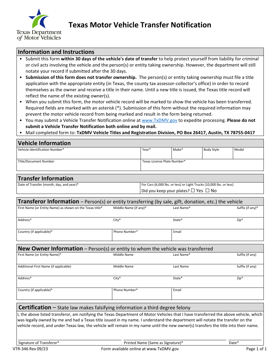 Form VTR-346 Download Fillable PDF or Fill Online Texas Motor Vehicle Transfer Notification ...