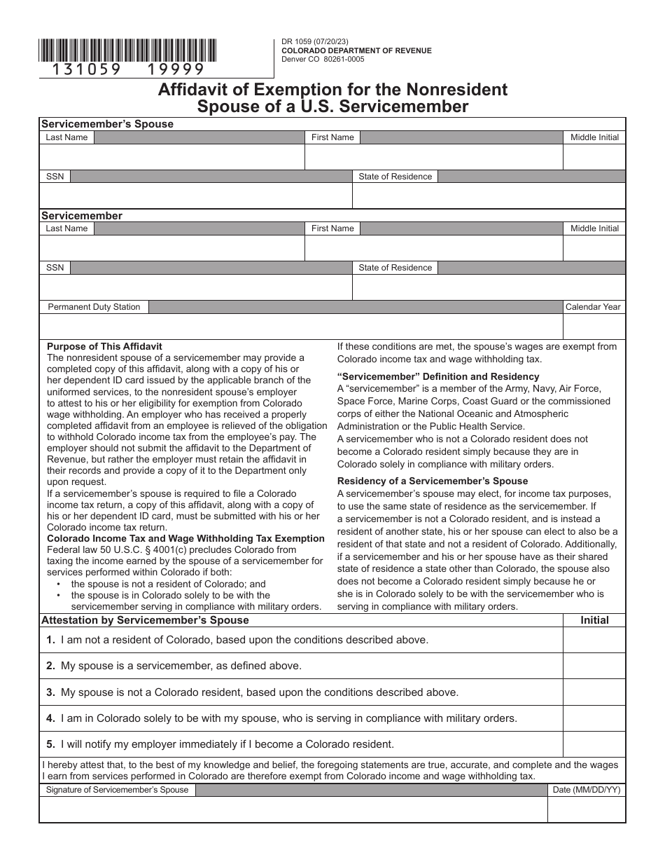 Form DR1059 Download Fillable PDF or Fill Online Affidavit of Exemption ...