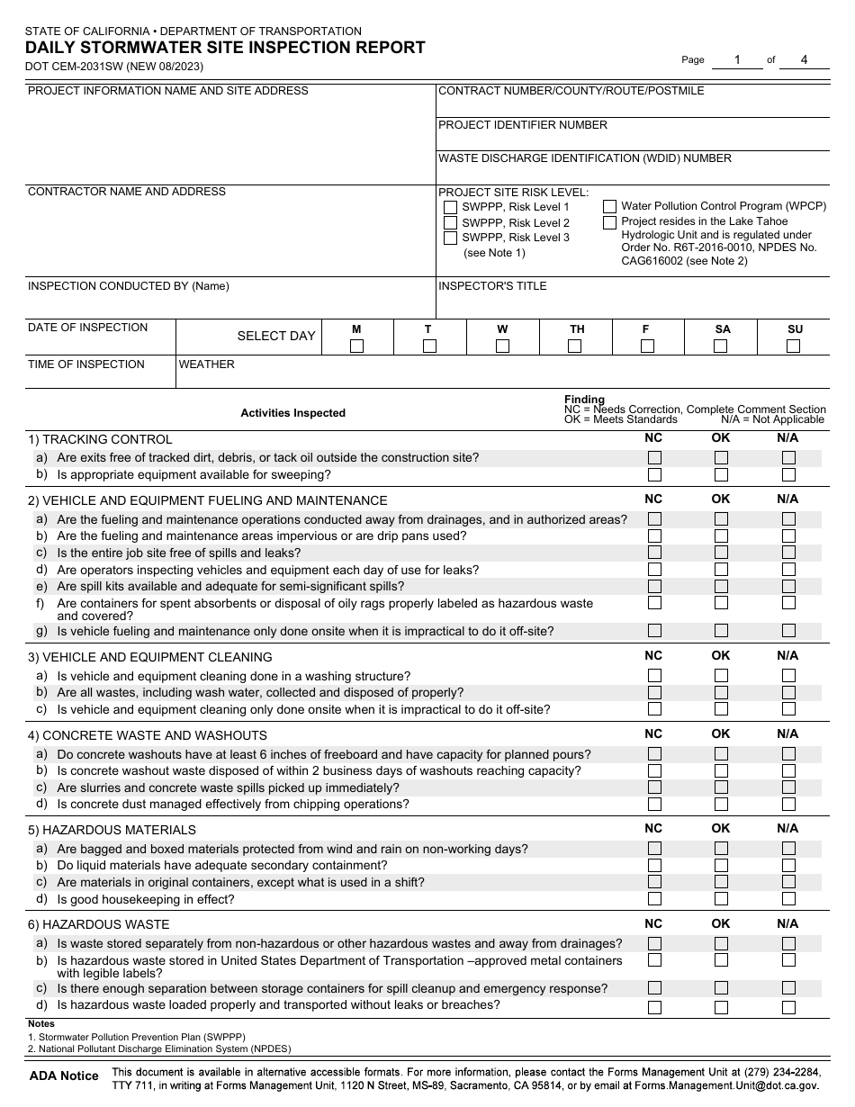 Form DOT CEM-2031SW - Fill Out, Sign Online and Download Fillable PDF ...