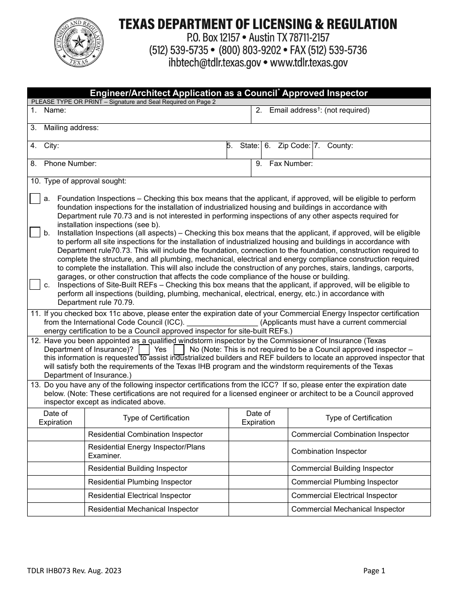 TDLR Form IHB073 - Fill Out, Sign Online and Download Fillable PDF ...