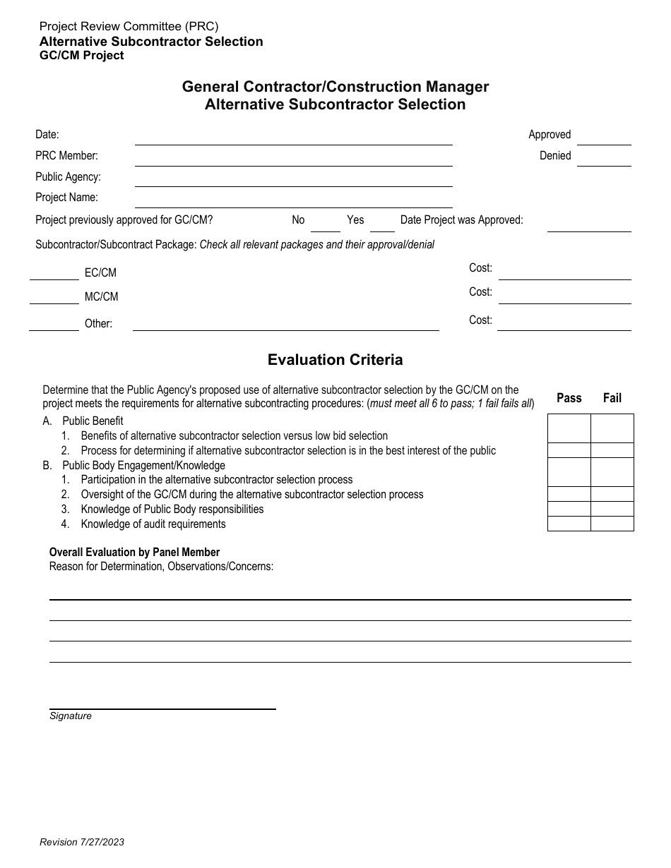 Washington Alternative Subcontractor Selection - Gc/Cm Project - Fill ...