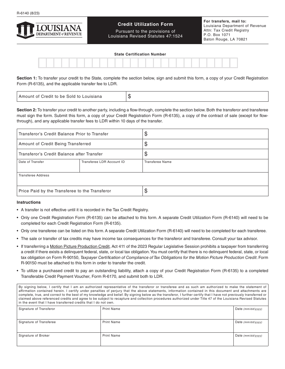 Form R-6140 Download Fillable PDF or Fill Online Credit Utilization ...