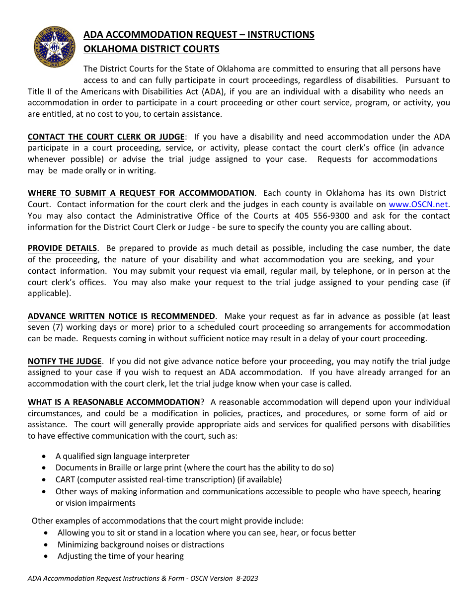 Oklahoma Ada Accommodation Request Form - Fill Out, Sign Online and ...