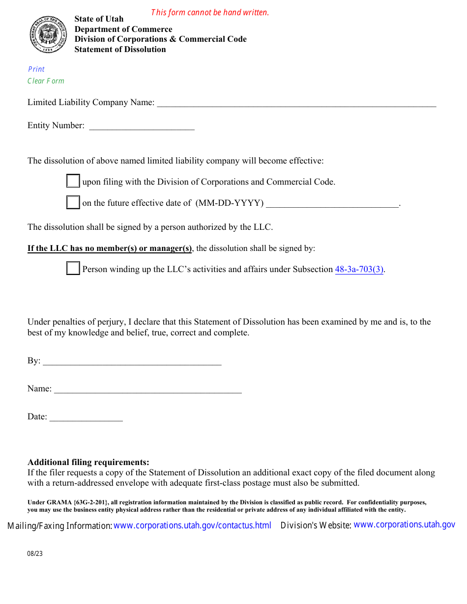 Utah Statement of Dissolution Download Fillable PDF | Templateroller