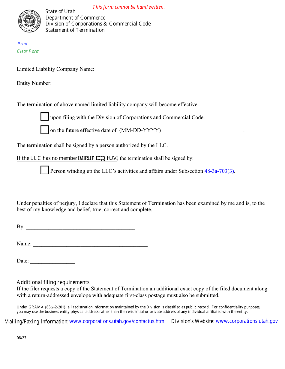 Utah Statement of Termination Download Fillable PDF 2018 — 2026 ...