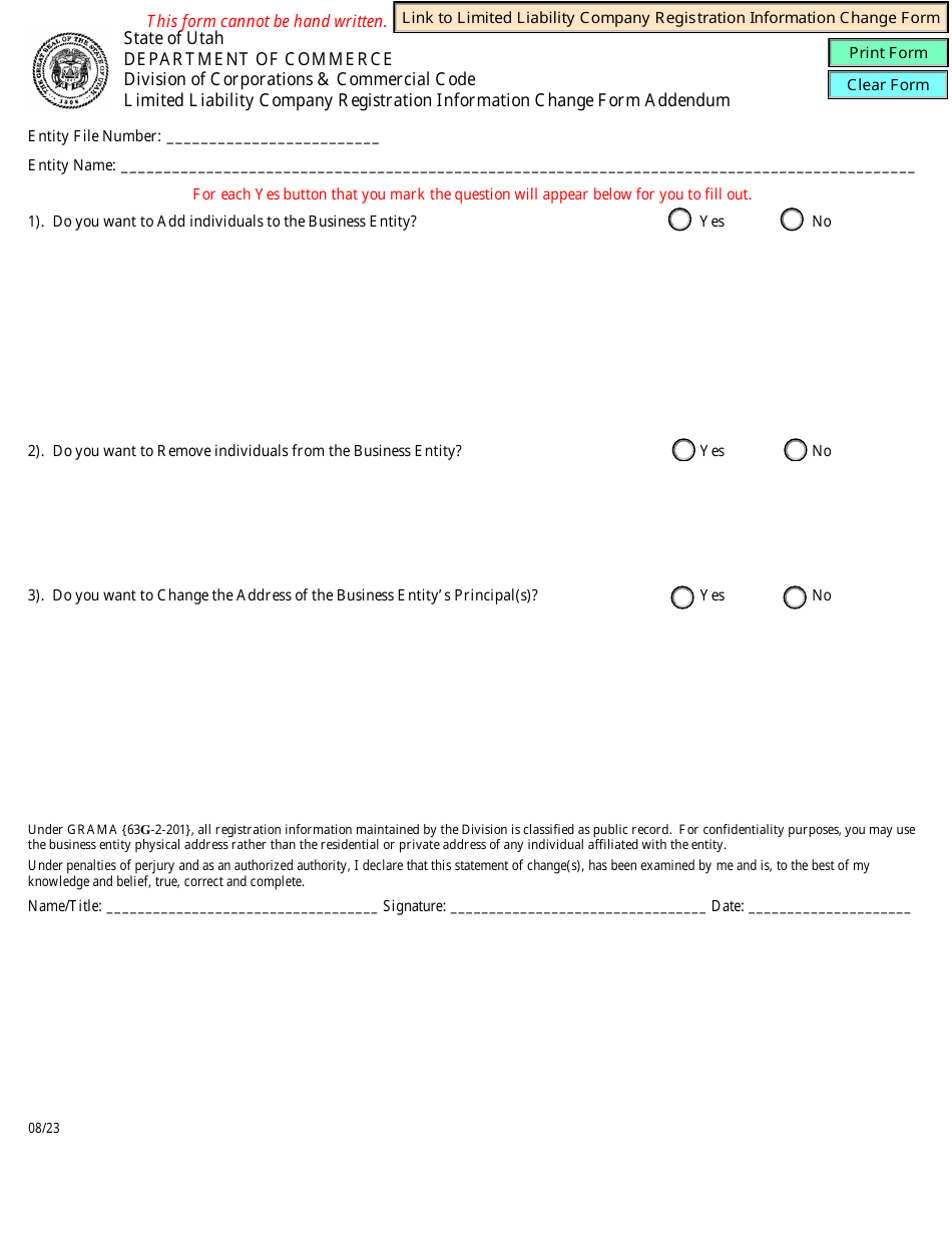 Utah Limited Liability Company Registration Information Change Form ...
