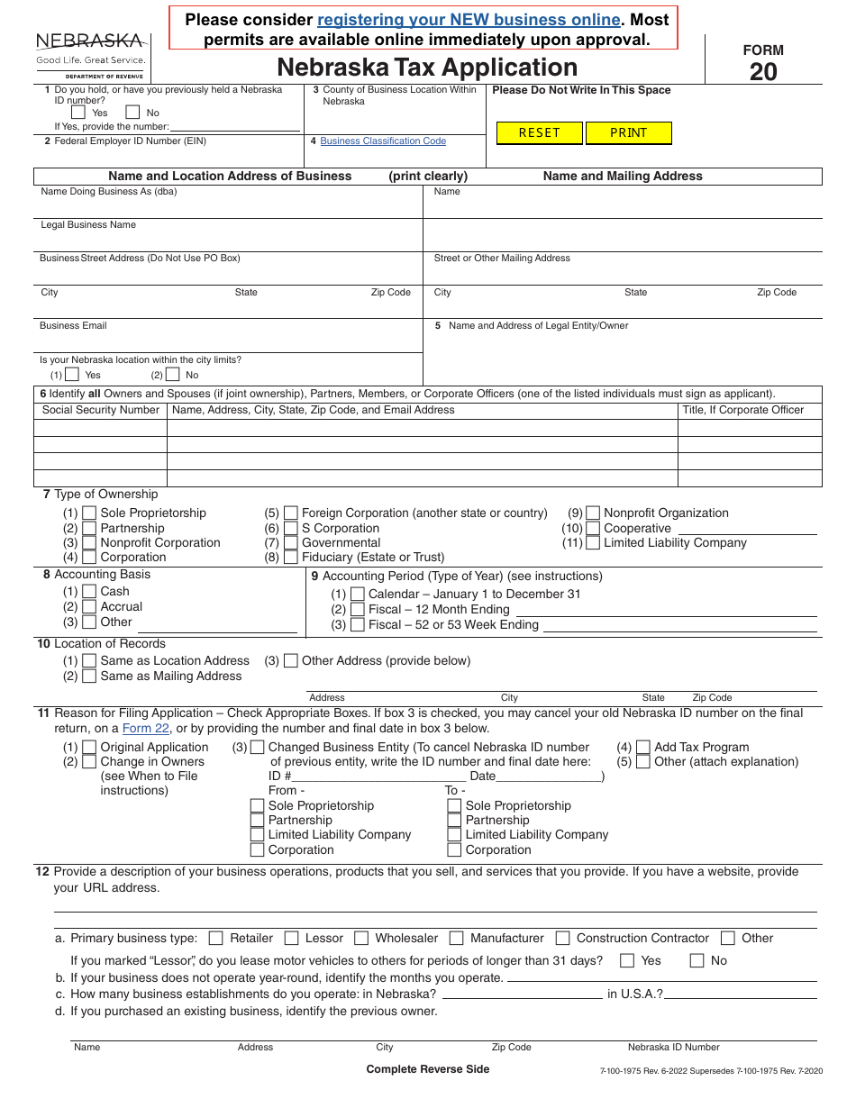 Form 20 Download Fillable PDF or Fill Online Nebraska Tax Application ...