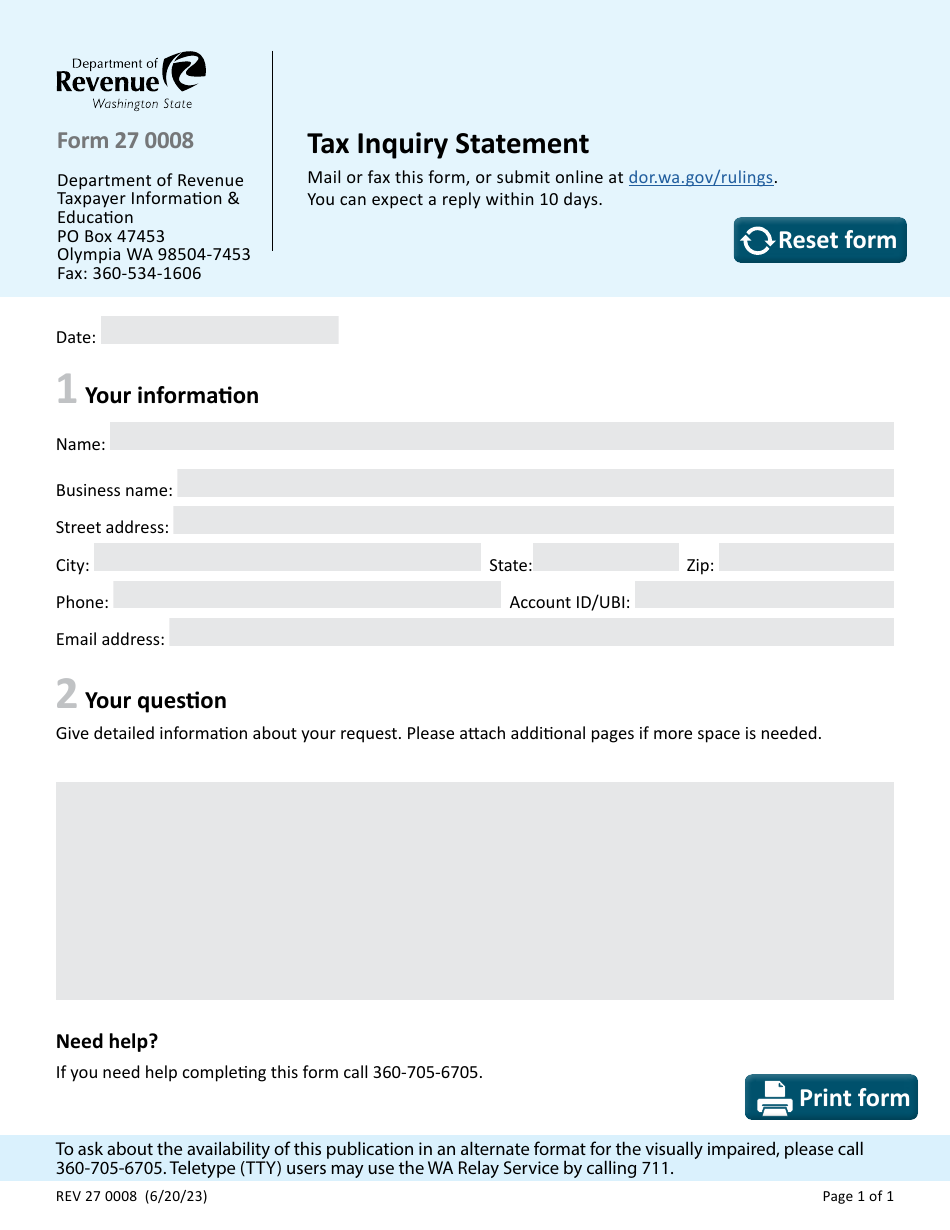 Form REV27 0008 Download Fillable PDF or Fill Online Tax Inquiry ...