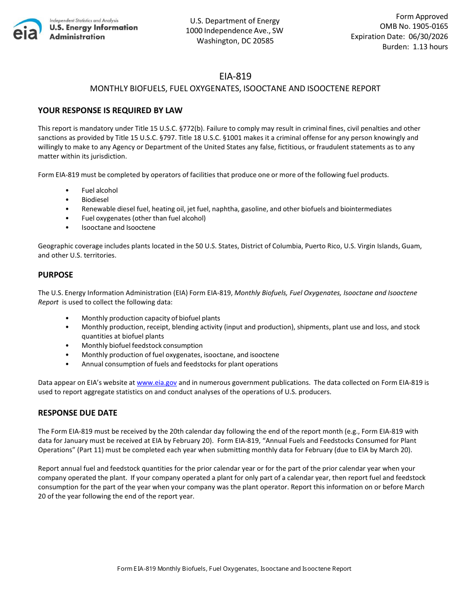 Download Instructions for Form EIA-819 Monthly Biofuels, Fuel ...