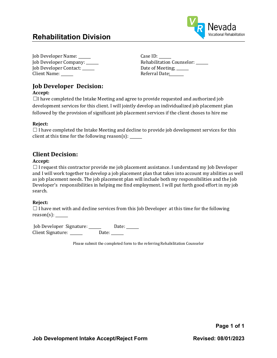 Nevada Job Development Intake Accept/Reject Form - Fill Out, Sign ...