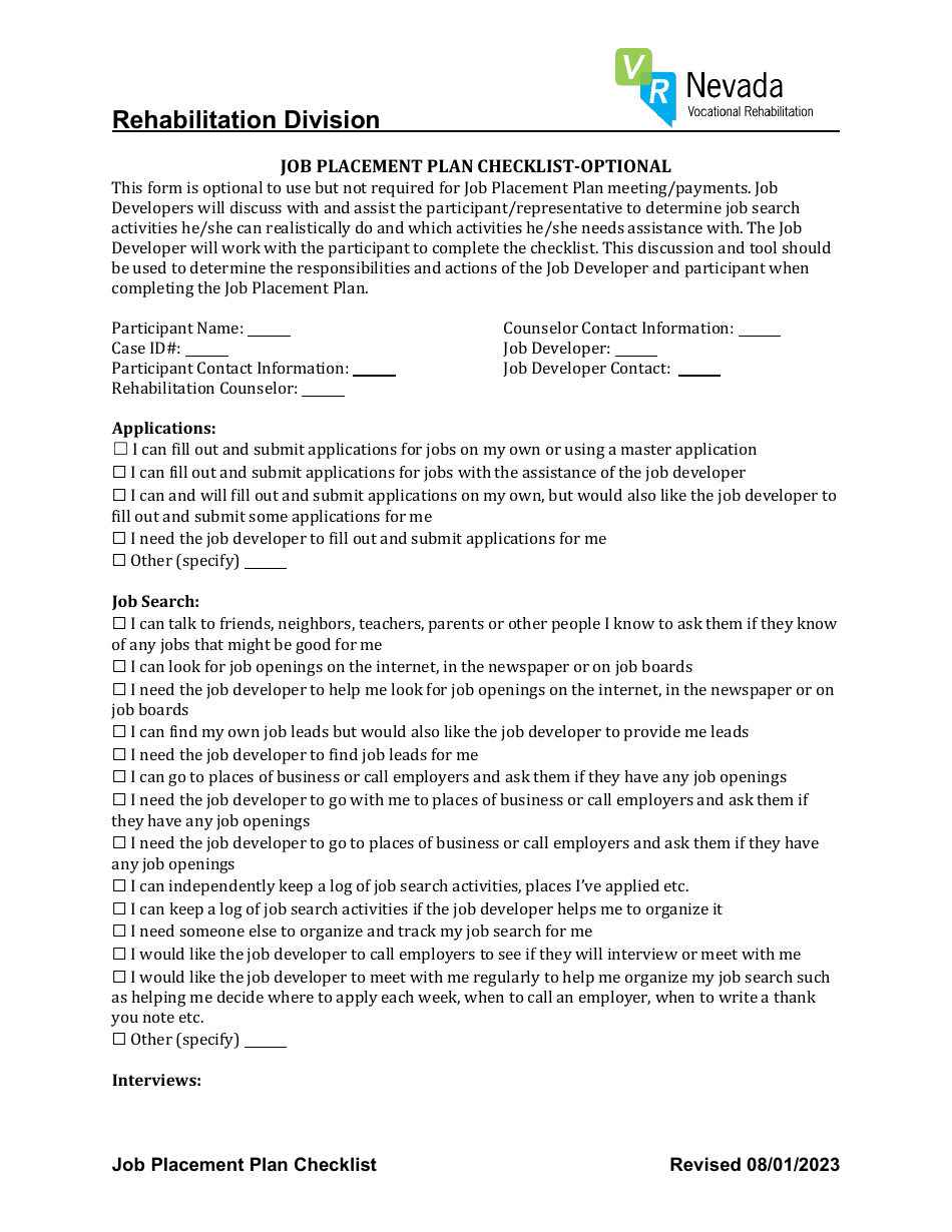 Nevada Job Placement Plan Checklist Download Printable PDF 2018 — 2024 ...