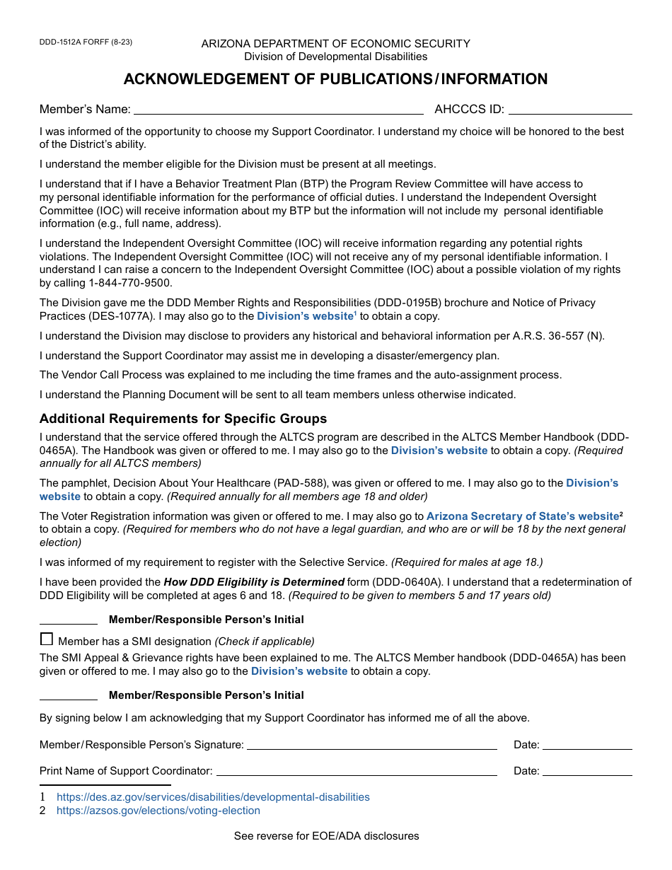 Form DDD-1512A Download Fillable PDF or Fill Online Acknowledgment of ...