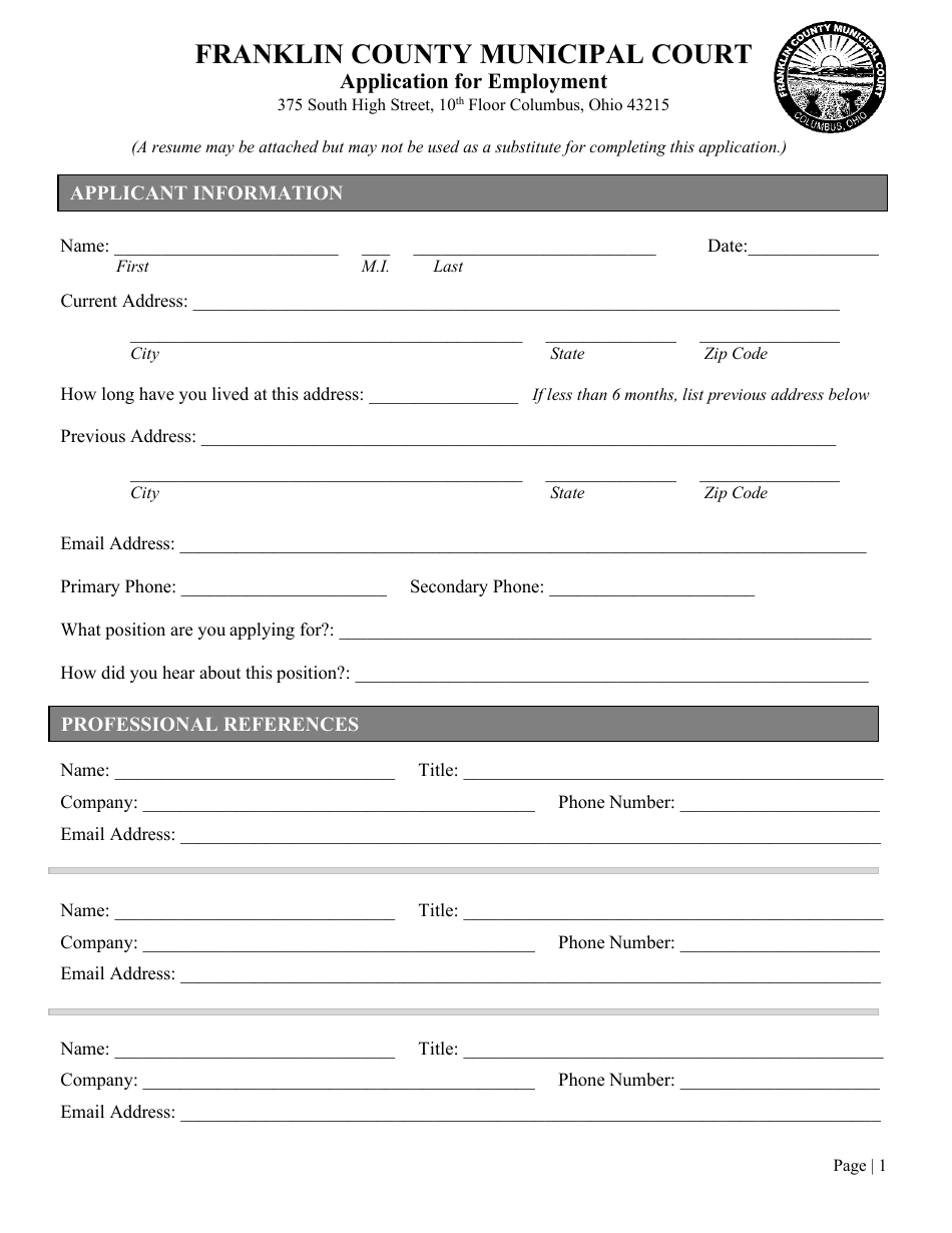 Franklin County, Ohio Application for Employment - Fill Out, Sign ...