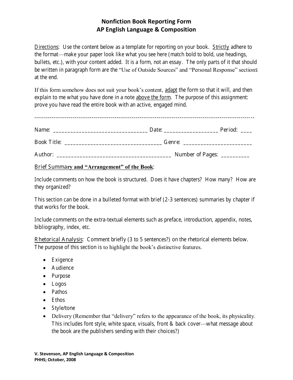 Nonfiction Book Reporting Form - V. Stevenson - Fill Out, Sign Online ...