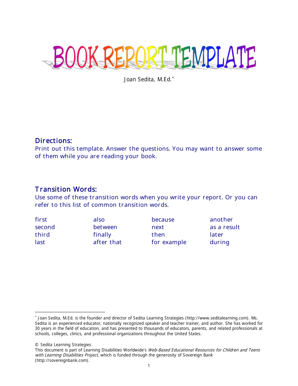 Book Report Template - Sedita Learning Strategies - Fill Out, Sign ...