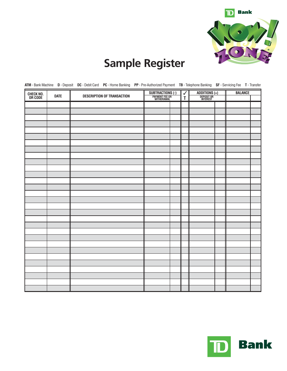 Register Template - Td Bank Download Printable PDF | Templateroller