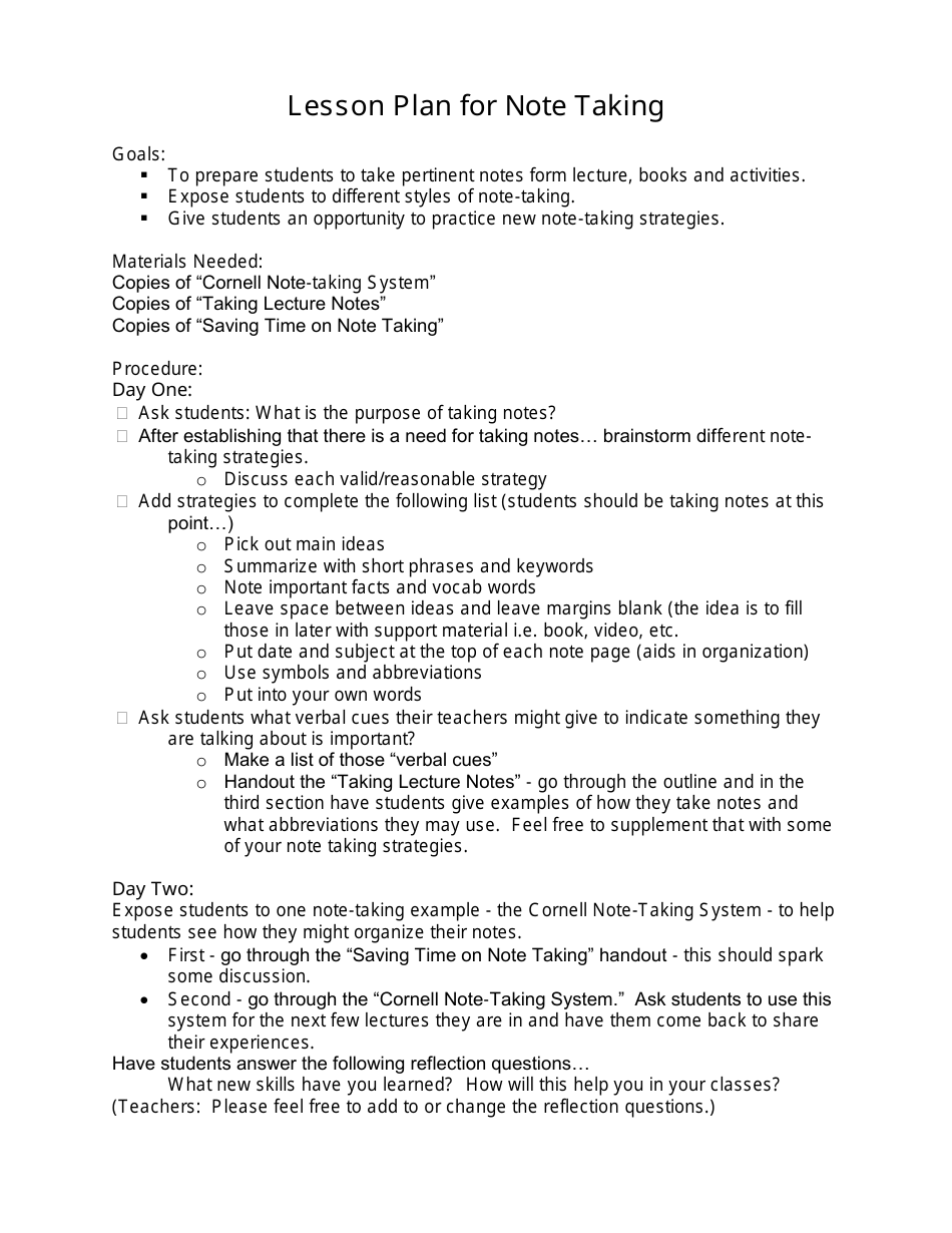 Lesson Plan for Note Taking - Academic Skills Center Download Printable ...