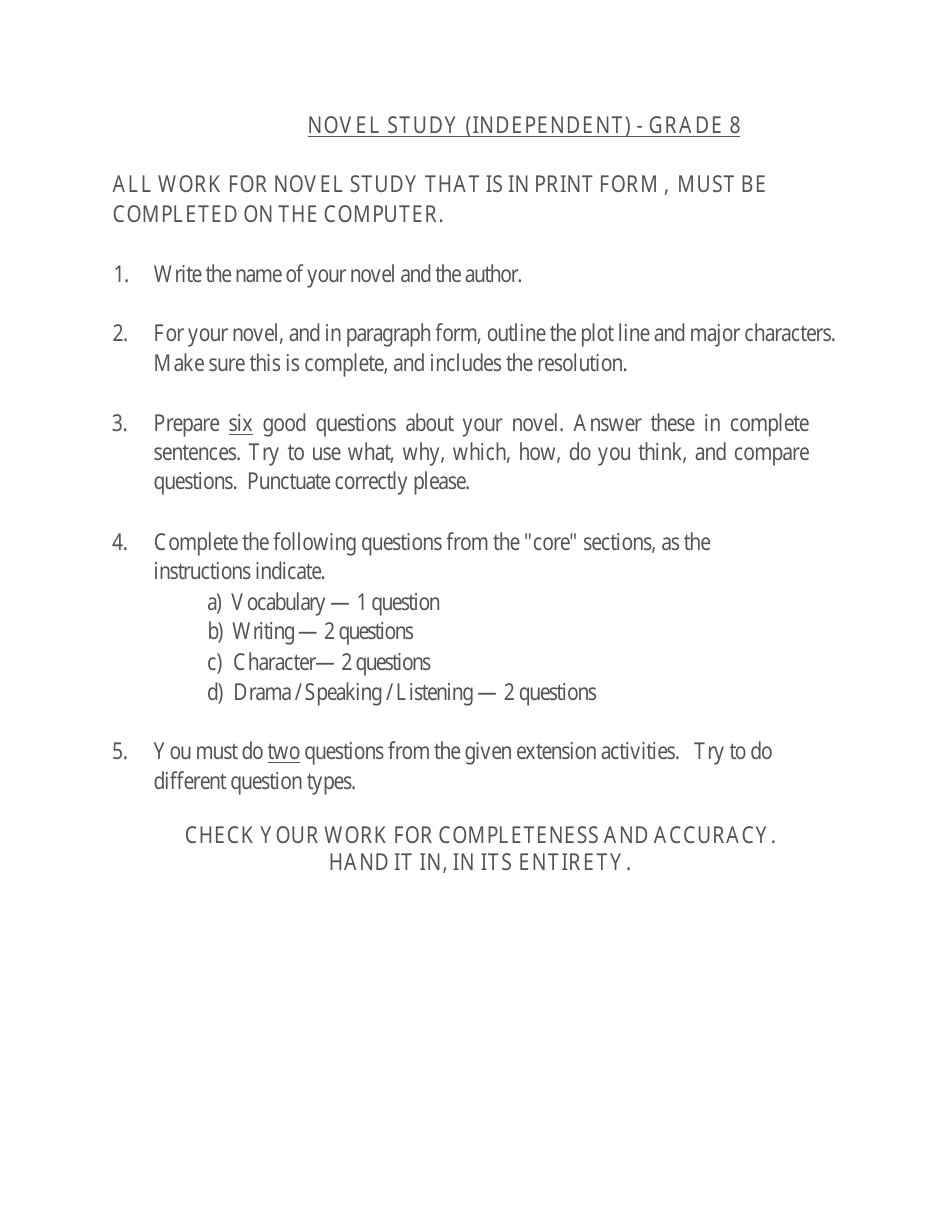 Grade 8 Novel Study Plan Download Printable PDF | Templateroller