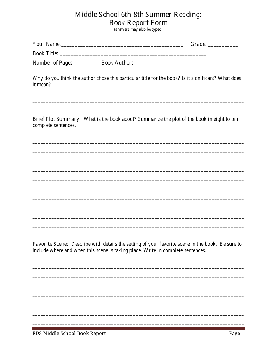 Middle School 6th-8th Summer Reading: Book Report Form - Fill Out, Sign ...