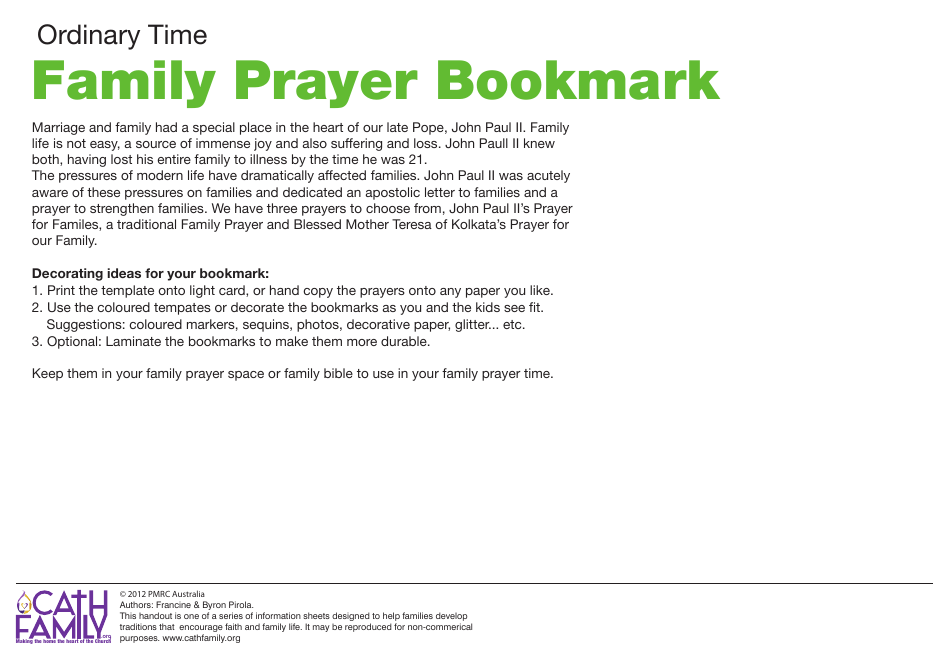 Family Prayer Bookmark Templates - Pmrc Australia Download Printable ...