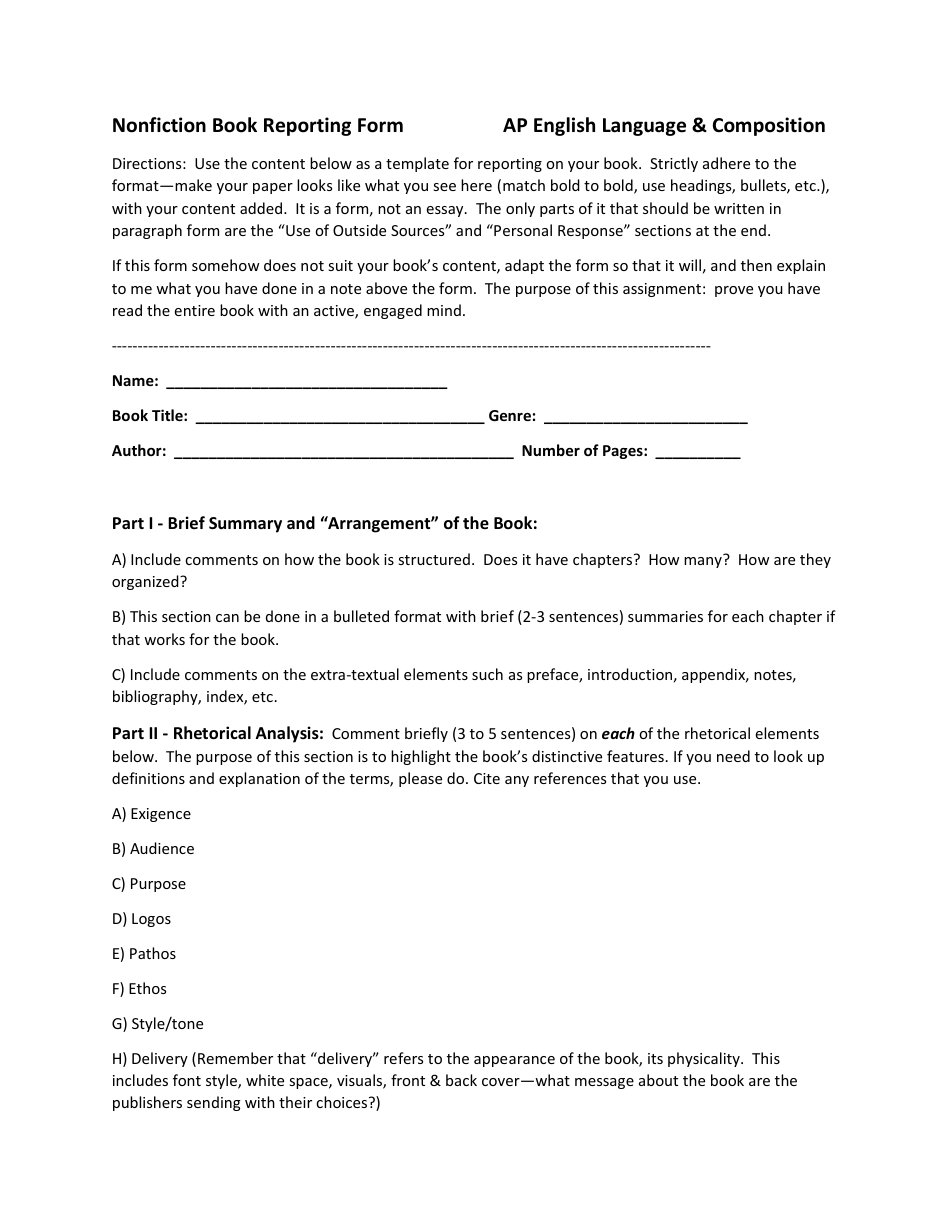 Nonfiction Book Reporting Form - Ap English Language & Composition ...