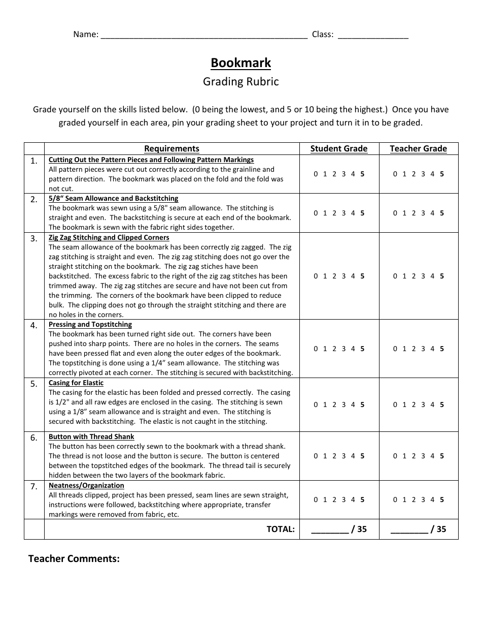 Bookmark Grading Rubric Download Printable PDF | Templateroller