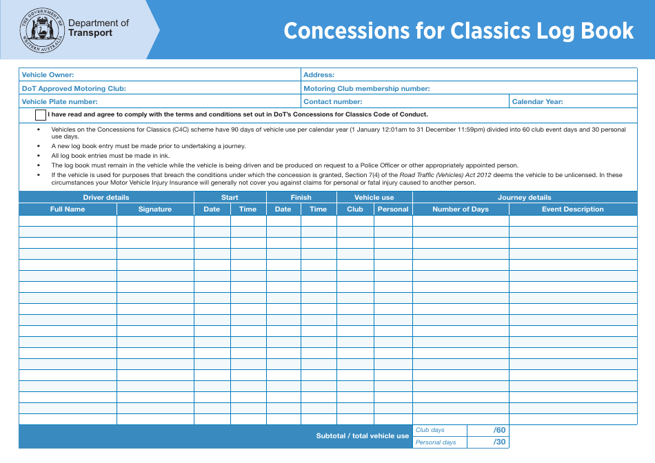 Western Australia Australia Concessions for Classics Log Book - Fill ...