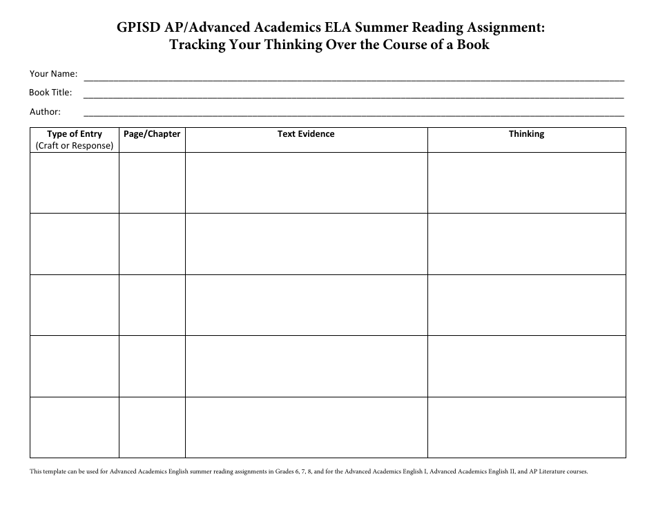 Summer Reading Assignment: Tracking Your Thinking Over the Course of a ...