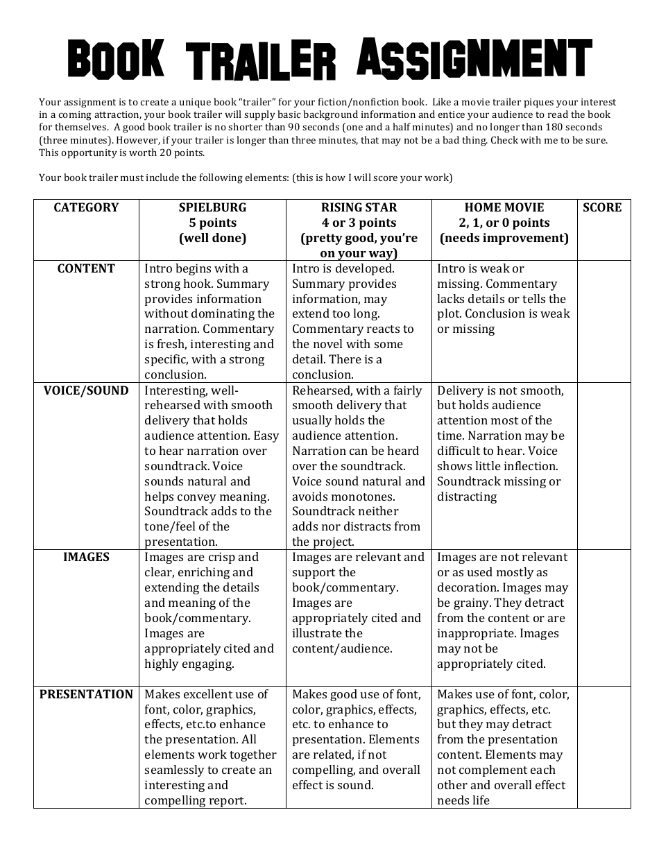 Book Trailer Assignment Download Printable PDF | Templateroller