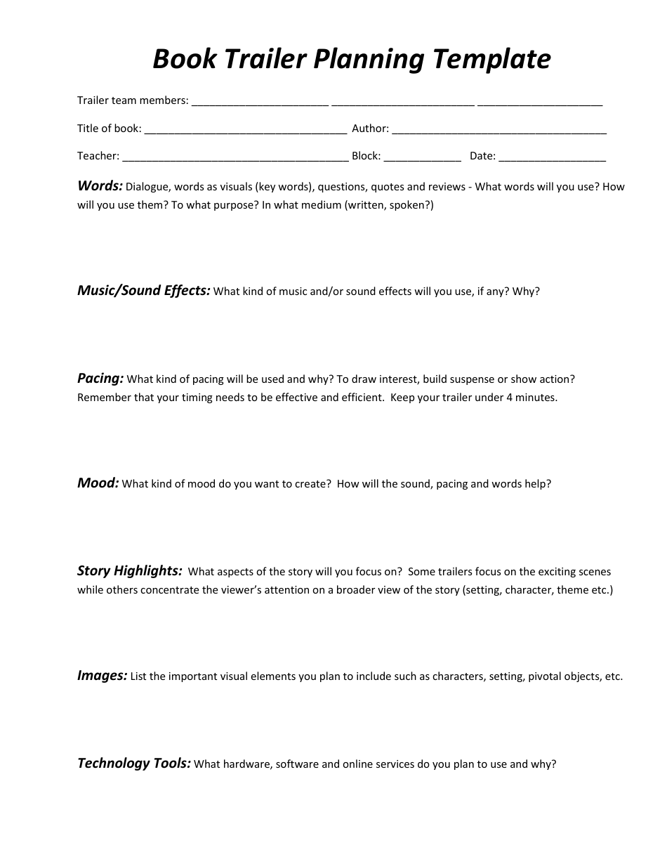 Book Trailer Planning Template - Seven Points Download Printable PDF ...