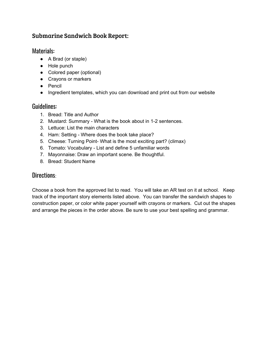 Submarine Sandwich Book Report - Fill Out, Sign Online and Download PDF ...