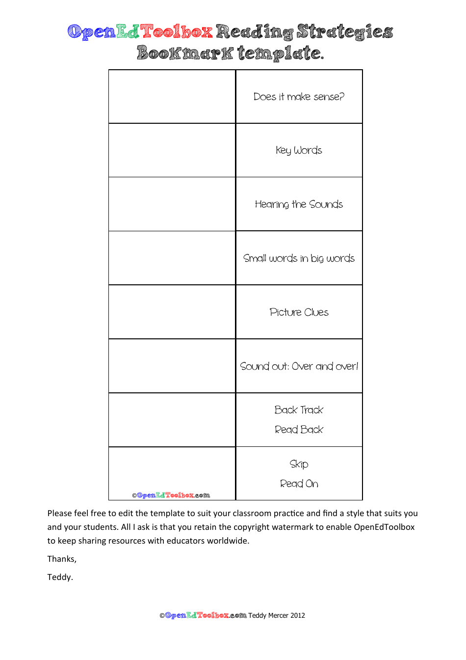 Reading Strategies Bookmark Template Download Printable PDF ...