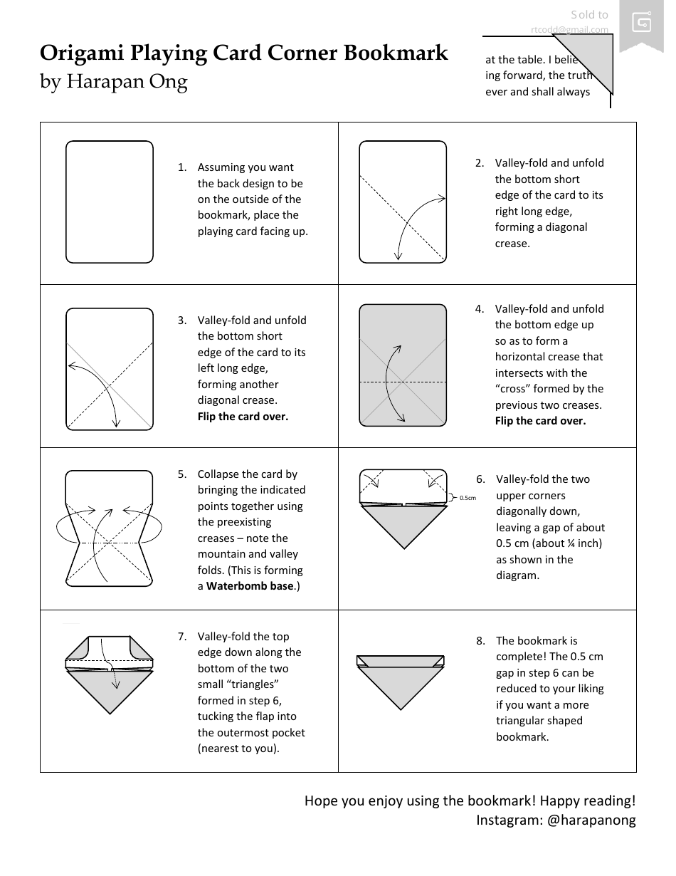 Origami Playing Card Corner Bookmark Guide Download Printable PDF ...