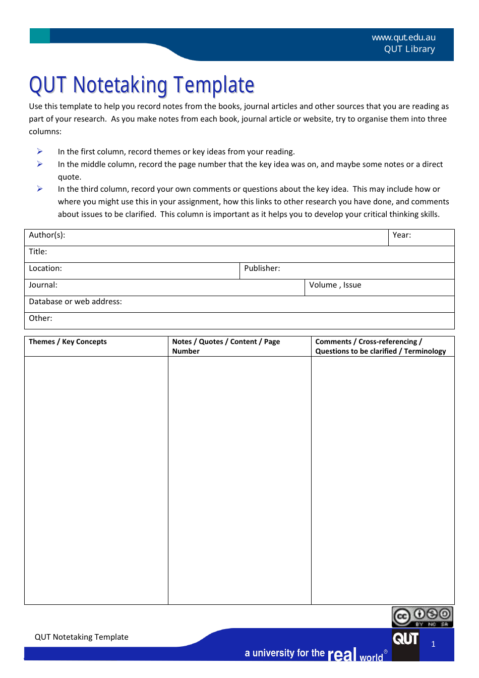 Notetaking Template - Qut Download Printable PDF | Templateroller