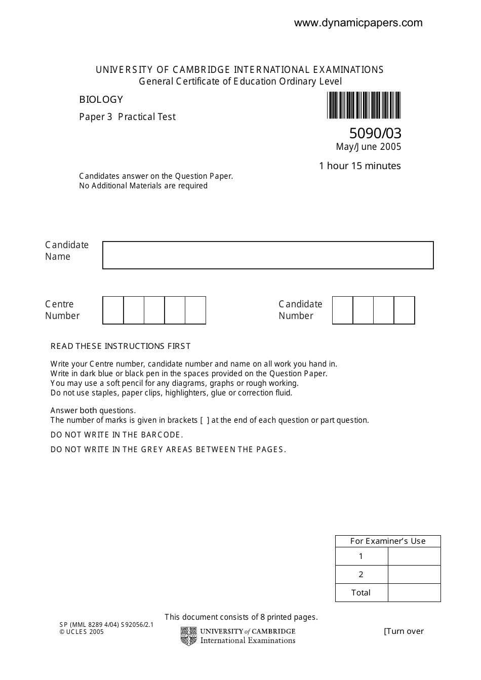 University of Cambridge International Examinations: Biology Paper 3 ...