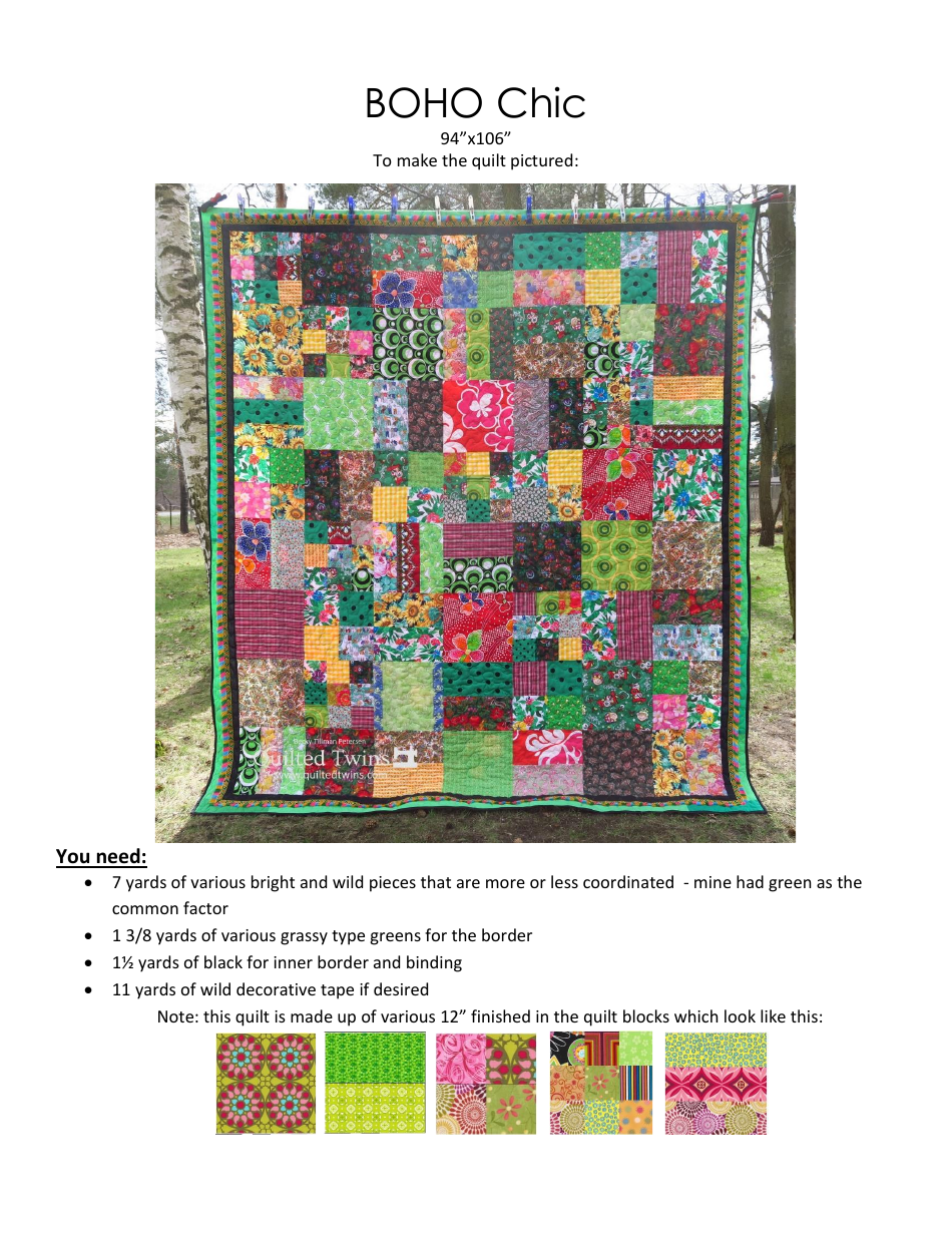 Boho Chic Quilt Pattern - Quilted Twins Download Printable PDF ...