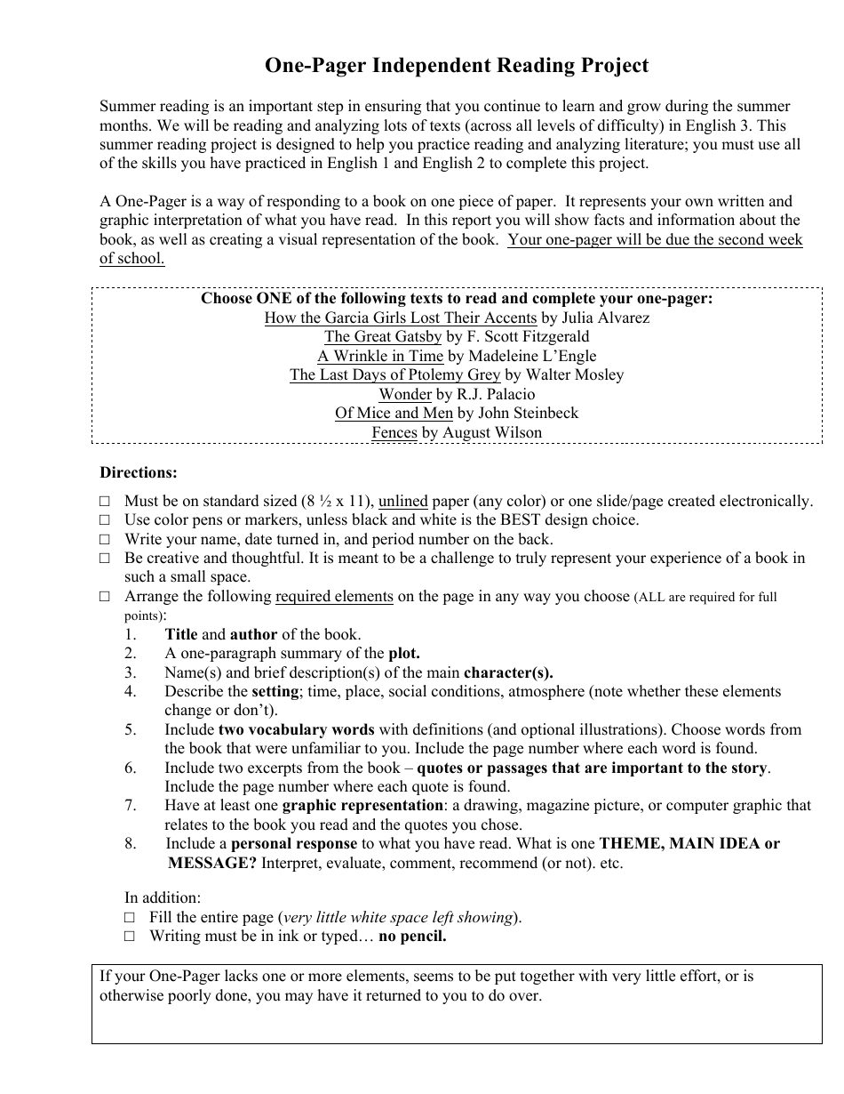 One-Pager Independent Reading Project Download Printable PDF ...