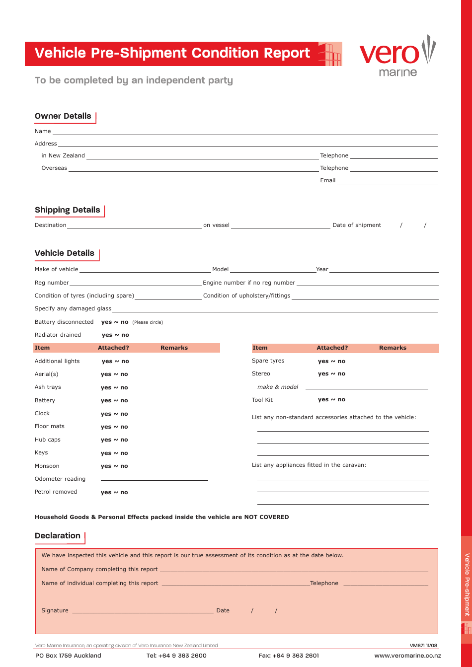 Vehicle Pre-shipment Condition Report Template - Veromarine - Fill Out ...
