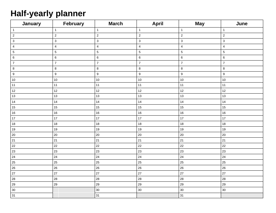 Yearly Planner Template - Half-Year Download Printable PDF | Templateroller