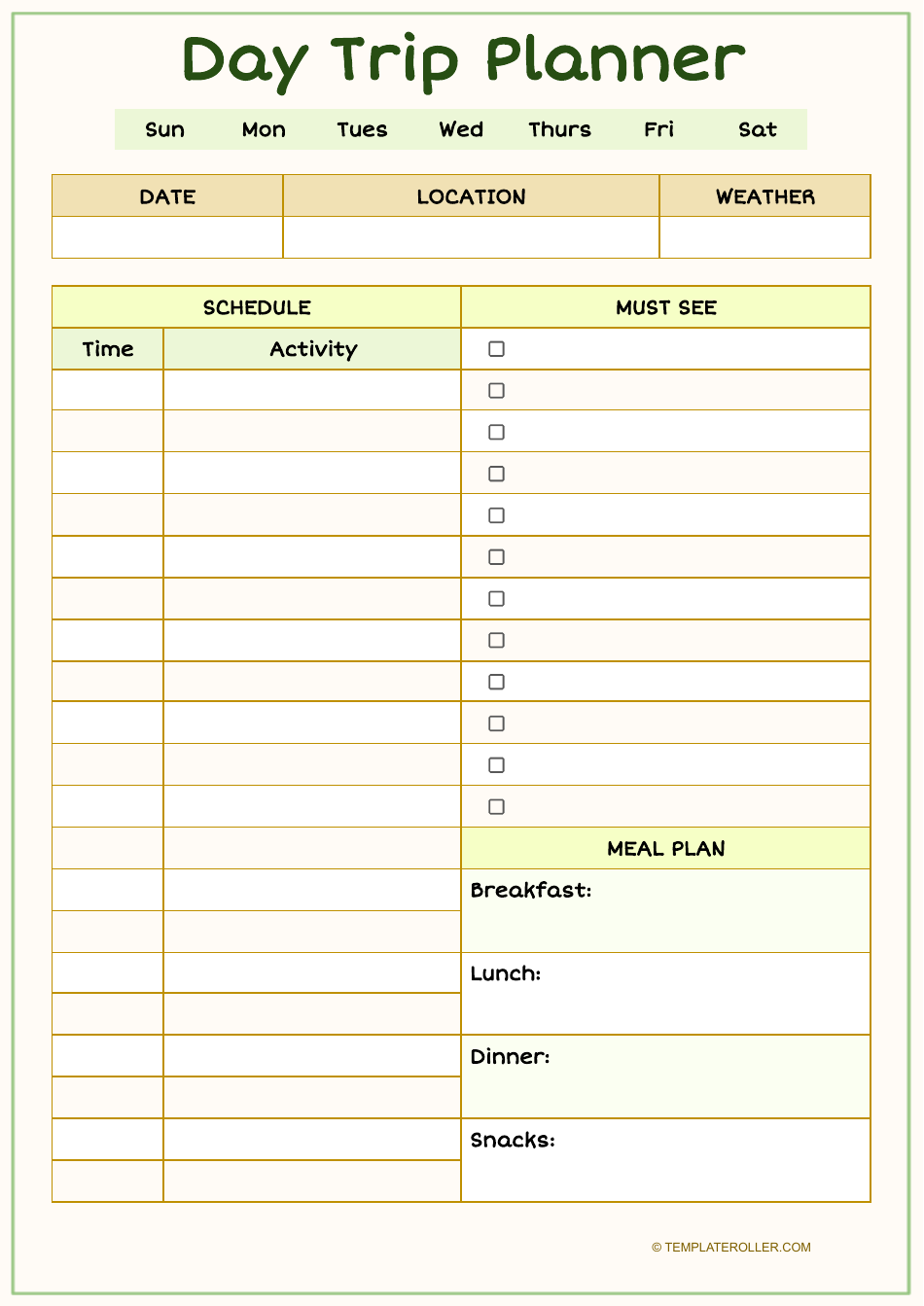 Day Trip Planner Template Download Printable PDF | Templateroller