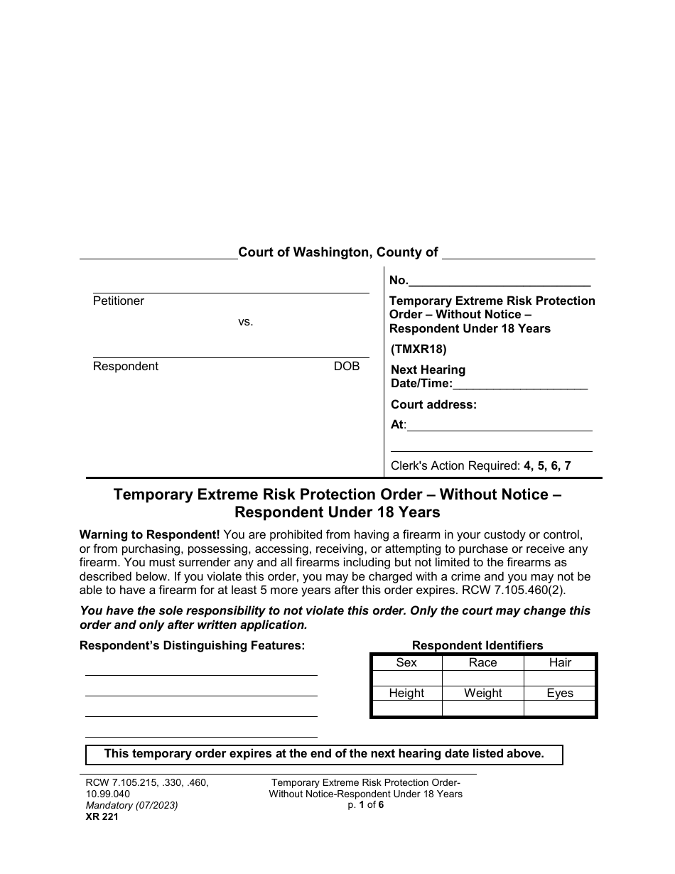 Form XR221 Download Printable PDF or Fill Online Temporary Extreme Risk ...