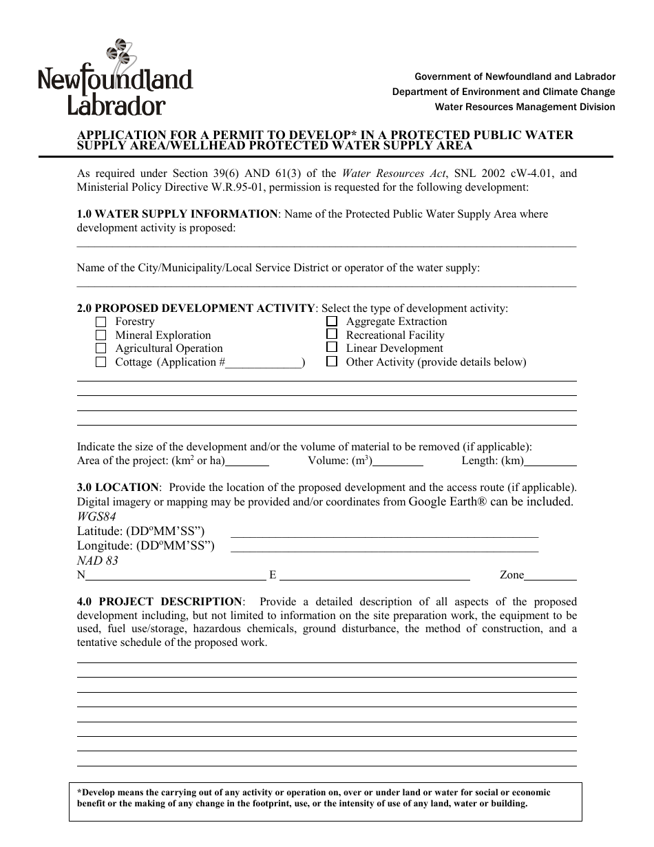 Newfoundland and Labrador Canada Application for a Permit to Develop in ...