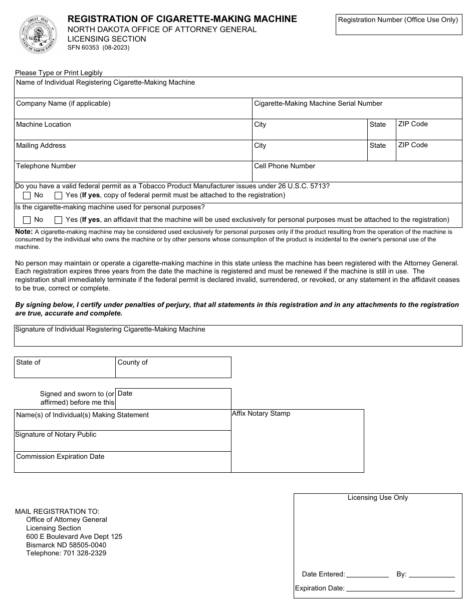 Form SFN60353 Download Fillable PDF or Fill Online Registration of ...