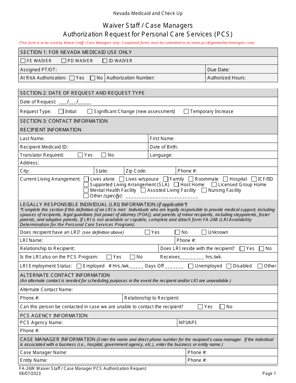 Form FA-24W - Fill Out, Sign Online and Download Fillable PDF, Nevada ...