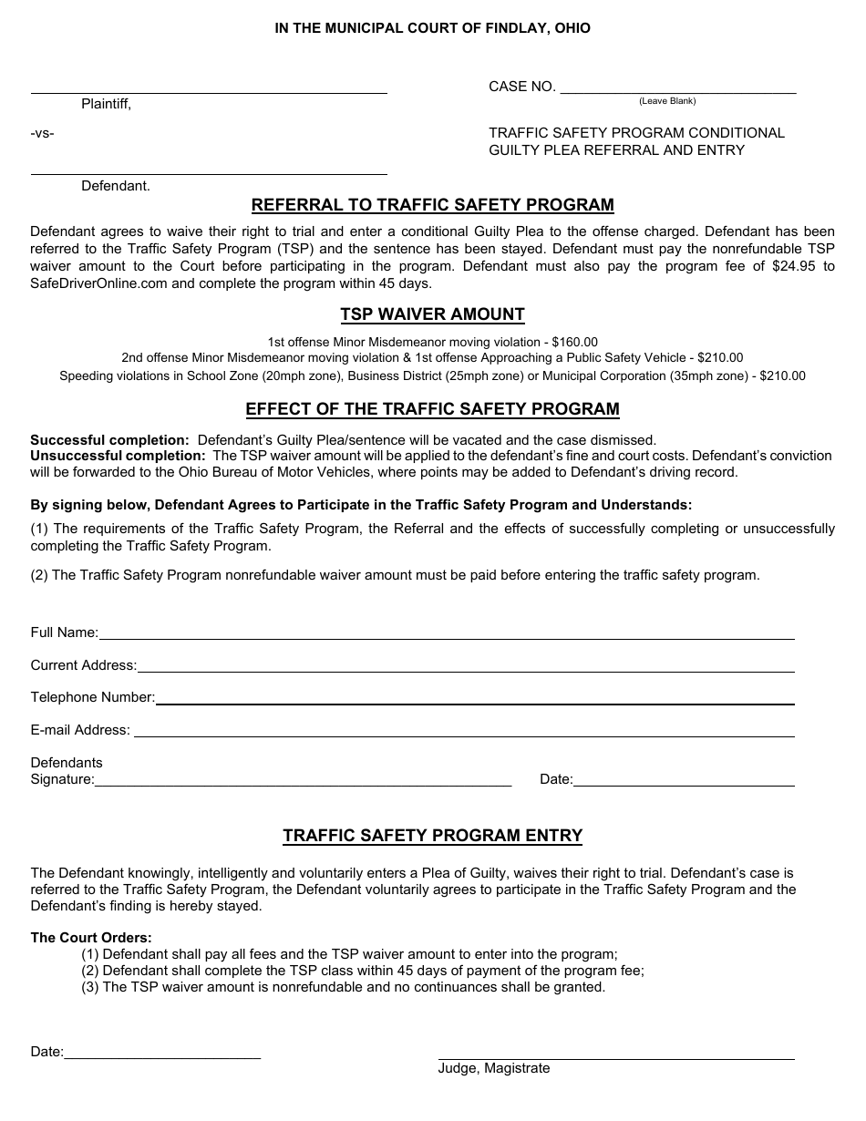 City of Findlay, Ohio Referral to Traffic Safety Program - Fill Out ...