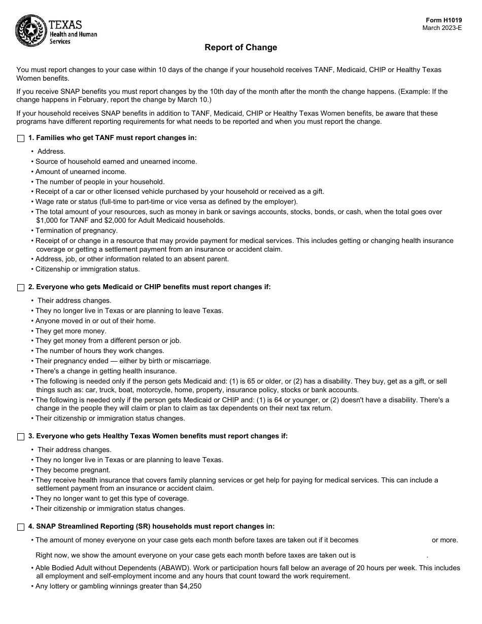 Form H1019 Download Fillable PDF or Fill Online Report of Change, Texas ...