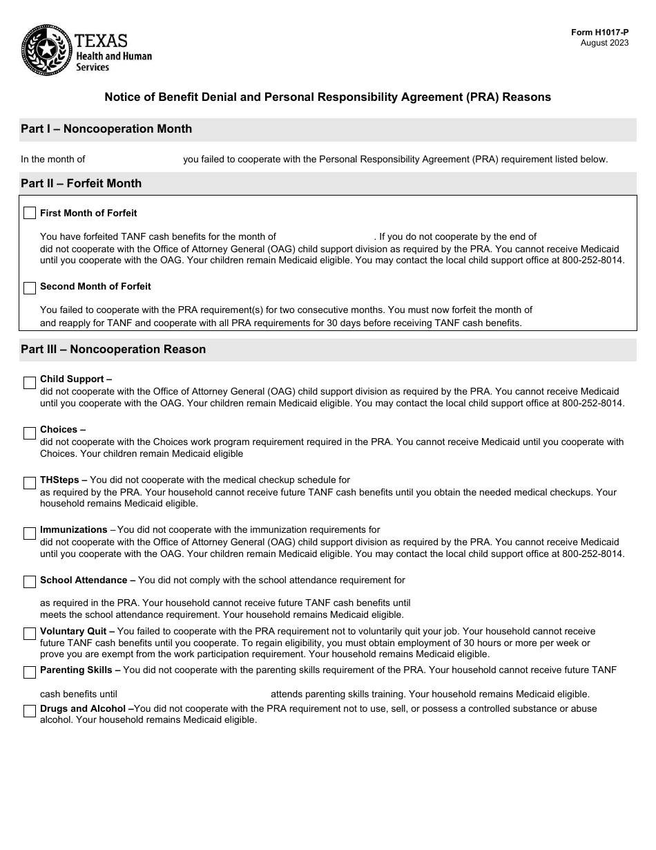 Form H1017-P - Fill Out, Sign Online and Download Fillable PDF, Texas ...